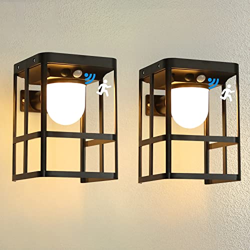 Hurrah 2 Pack Solar Wall Lanterns Outdoor Lights - Motion Sensor Dusk to Dawn led Wall Sconce with 3 Modes IP65 Waterproof Exterior Light Fixture Wall Mount Lighting for Patio Garage Porch