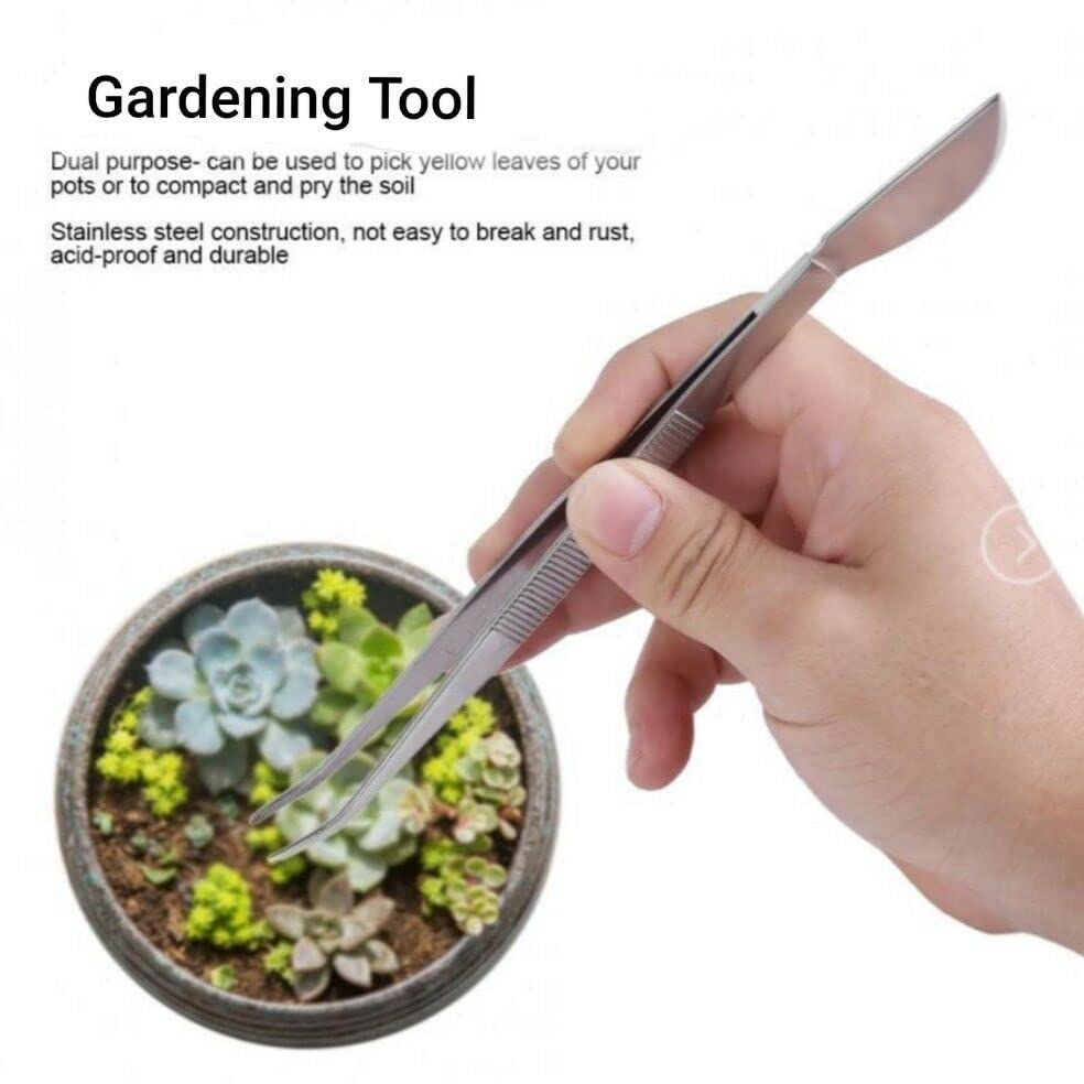 Cynamed Bonsai Gardening Tweezer with Blade Spatula 8-1/4in (210mm) Stainless Steel for Micro Landscape, Diamond Painting, Electronic Components (Stainless Steel, Straight Blade)