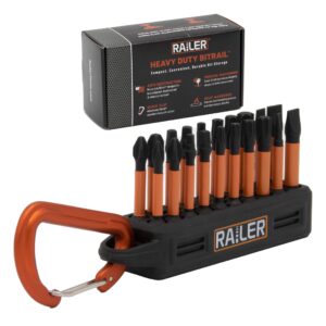 railer 20pc screwdriver bit set - premium s2 steel 2" phillips, robertson square, torx & flat head impact driver bit set with a storage bit holder & carabiner