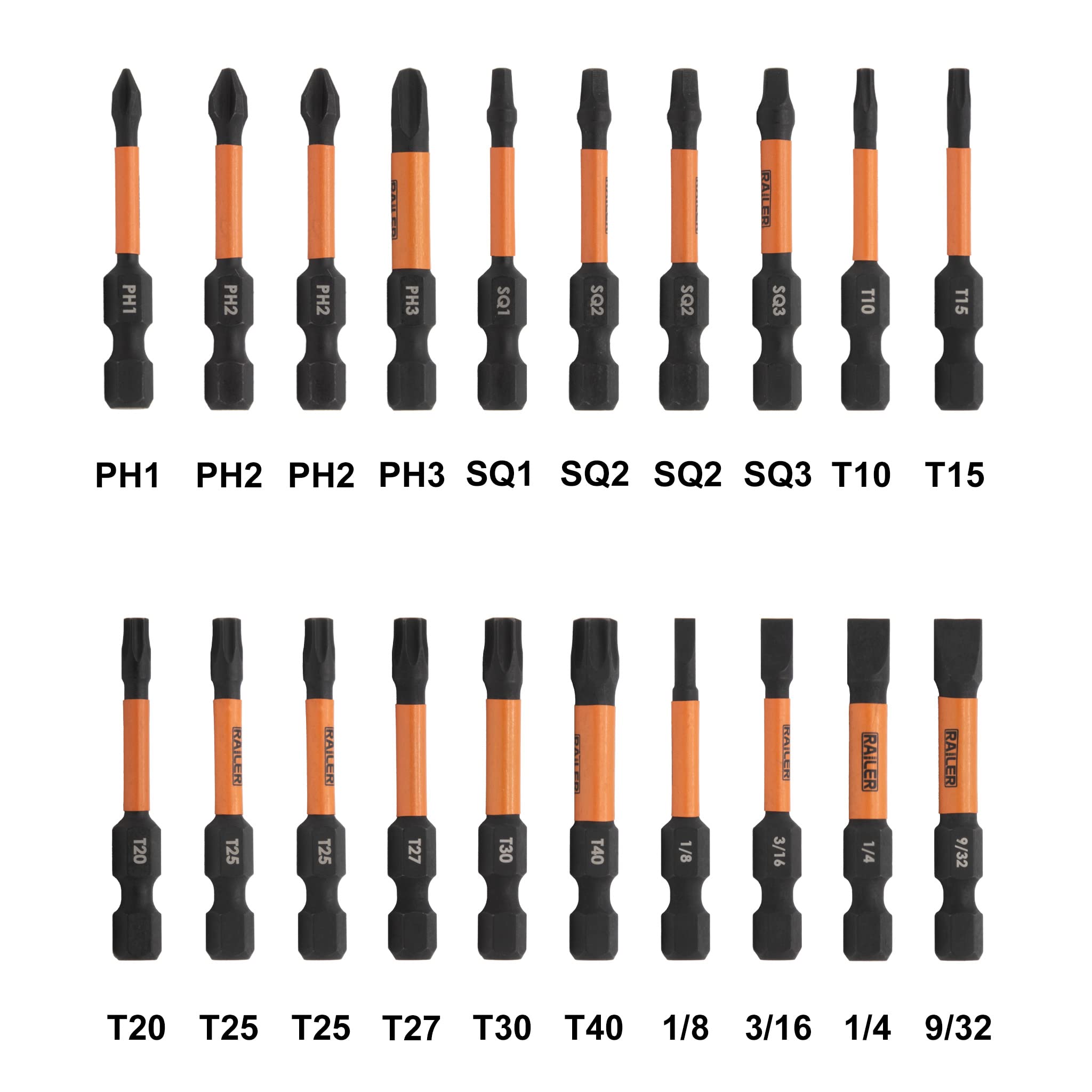 Railer 20pc Screwdriver Bit Set - Premium S2 Steel 2" Phillips, Robertson Square, Torx & Flat Head Impact Driver Bit Set With A Storage Bit Holder & Carabiner