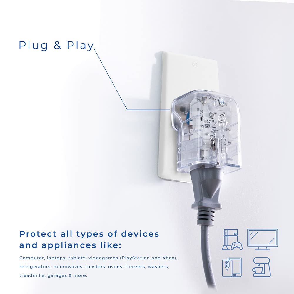 Clamper Single Outlet Surge Protector Right Angle & Space Saving, 1800 Joules, 1875W, for TV, PC, Xbox, PS5, Refrigerators and Other Appliances (Wall Surge Protector),1-Pack in Clear