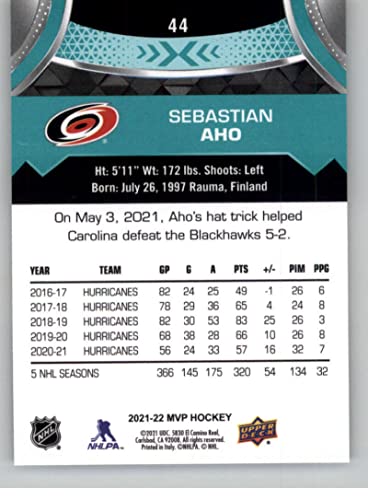 2021-22 Upper Deck MVP #44 Sebastian Aho Carolina Hurricanes NHL Hockey Trading Card