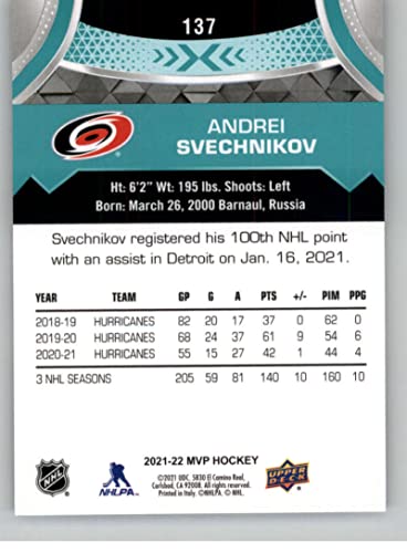 2021-22 Upper Deck MVP #137 Andrei Svechnikov Carolina Hurricanes NHL Hockey Trading Card