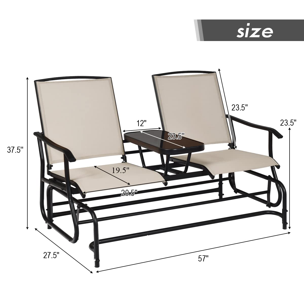 ReunionG 2-Person Outdoor Glider Chair, Patio Glider Bench Loveseat w/Tempered Glass Center Table & Sturdy Metal Frame, Porch Swing Rocking Chair for Outside, Balcony, Garden, Beige