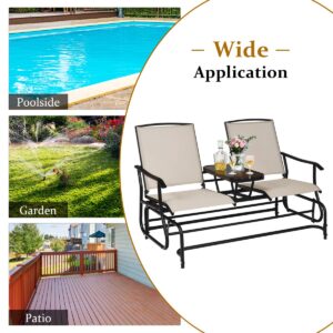 ReunionG 2-Person Outdoor Glider Chair, Patio Glider Bench Loveseat w/Tempered Glass Center Table & Sturdy Metal Frame, Porch Swing Rocking Chair for Outside, Balcony, Garden, Beige