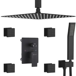 matte black shower system with 4 pcs shower body spray jets & 12’’ ceiling shower head & handheld spray, dasan full body shower faucet system with jets rainfall shower combo set, sa-ss03bmb-s12c