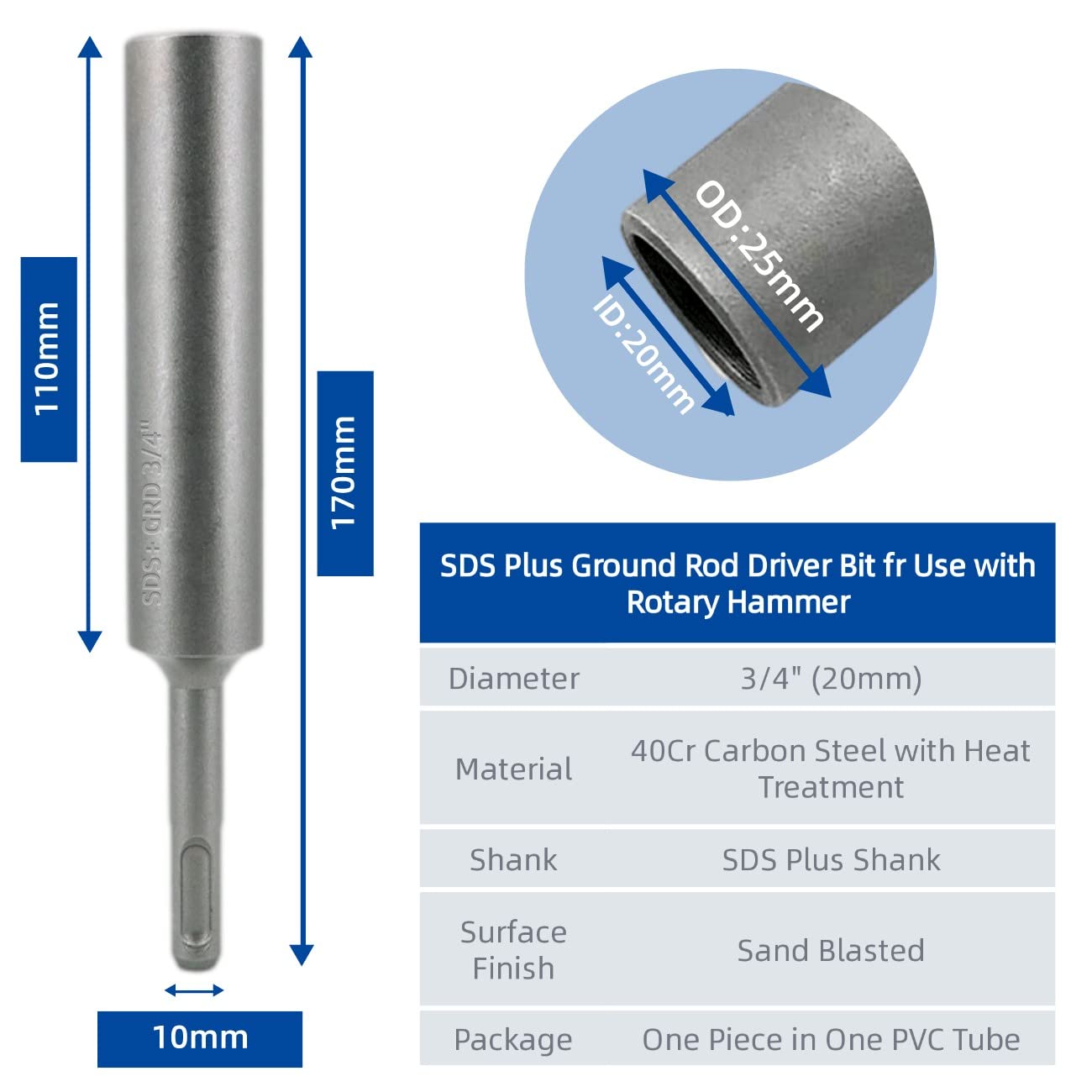 SDS Plus Ground Rod Driver for 5/8" & 3/4" Grounding Rods，0.79"X 6.69"(20X170mm)，10mm Dia Shank Fits Bosch Dewalt Milwaukee Hilti and Other SDS-Plus Rotary Hammer Drills