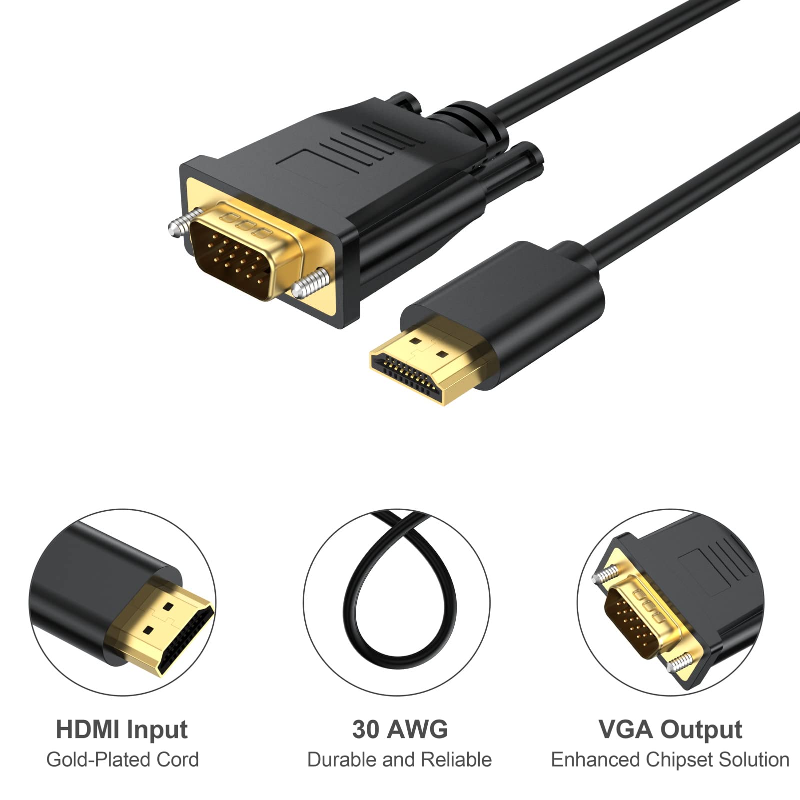 URELEGAN HDMI to VGA Cable 3.3 Feet, HDMI to VGA Cord (Male to Male) 1080P HD Video Cables Compatible for Computer, Desktop, Laptop, PC, Monitor, Projector, HDTV and More (NOT Bidirectional)