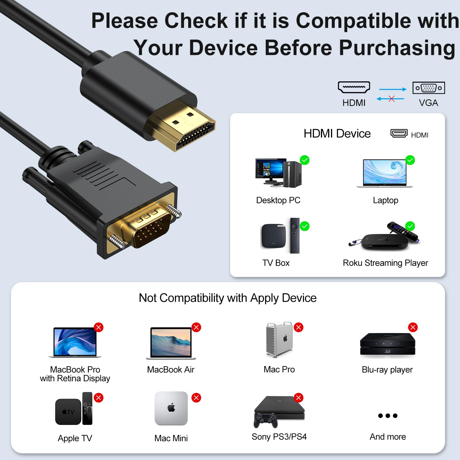 URELEGAN HDMI to VGA Cable 3.3 Feet, HDMI to VGA Cord (Male to Male) 1080P HD Video Cables Compatible for Computer, Desktop, Laptop, PC, Monitor, Projector, HDTV and More (NOT Bidirectional)