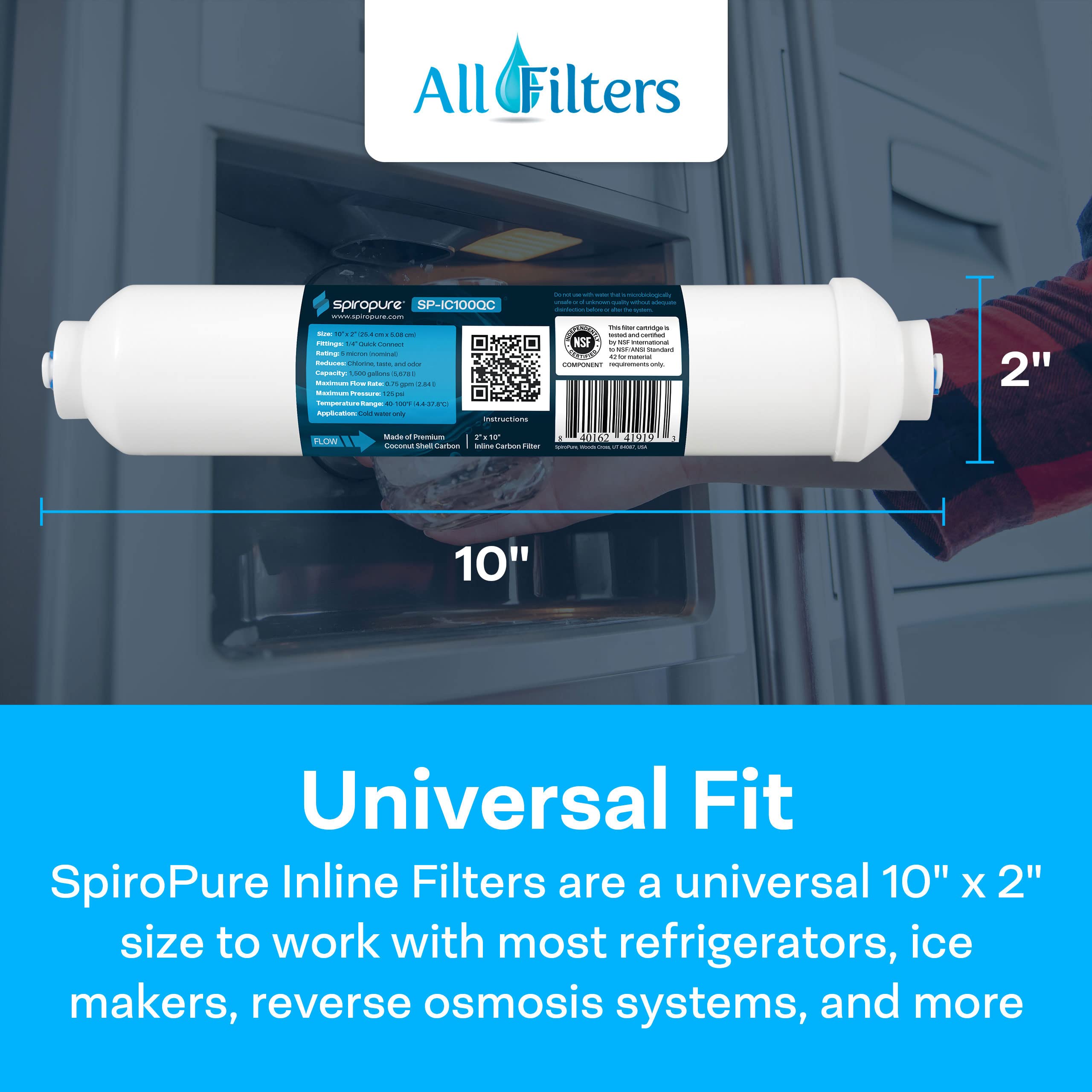 SpiroPure Inline Filter NSF Coconut Shell Granular Carbon Water Filter with 1/4" Quick-Connect, 2" x 10" (1 Pack)