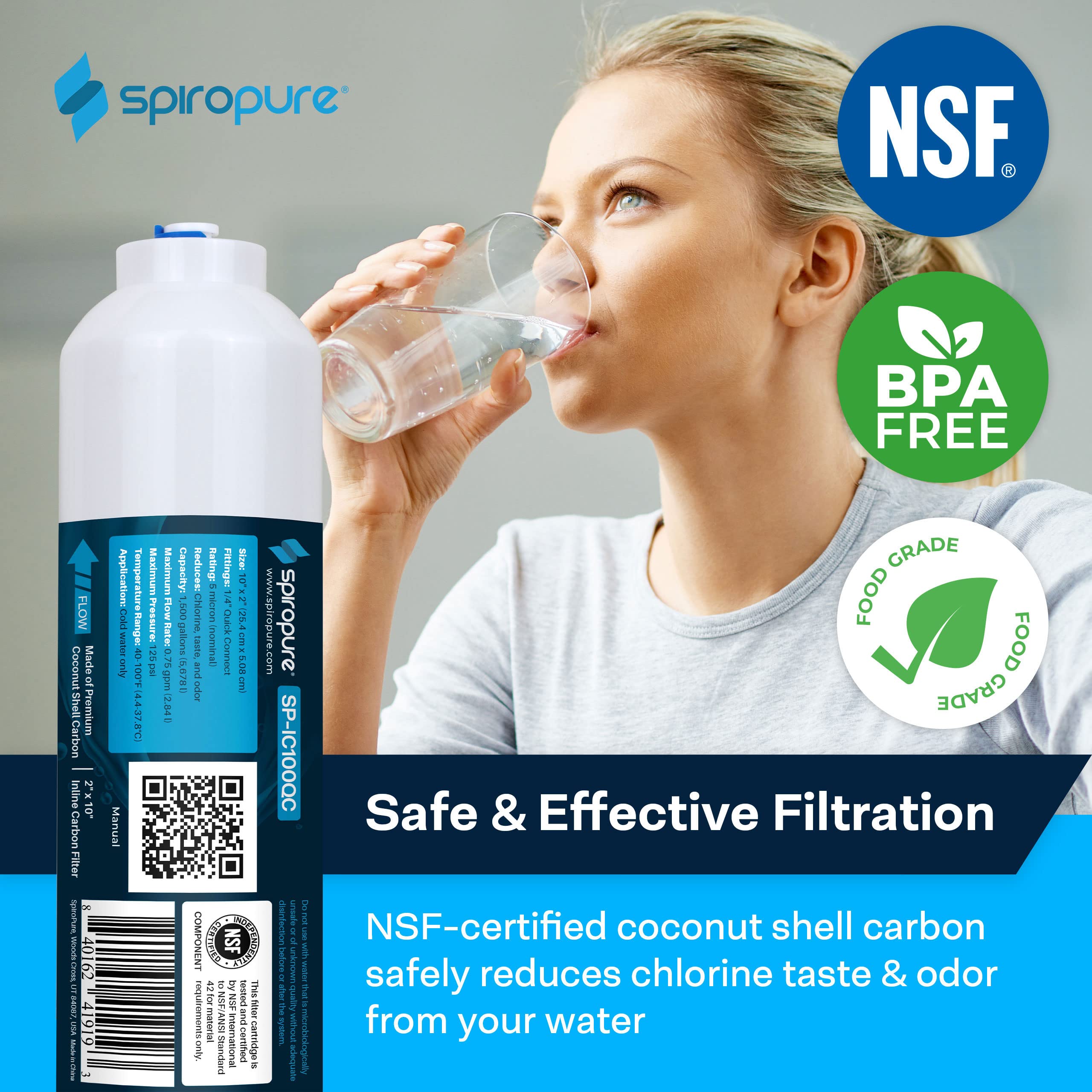 SpiroPure Inline Filter NSF Coconut Shell Granular Carbon Water Filter with 1/4" Quick-Connect, 2" x 10" (1 Pack)