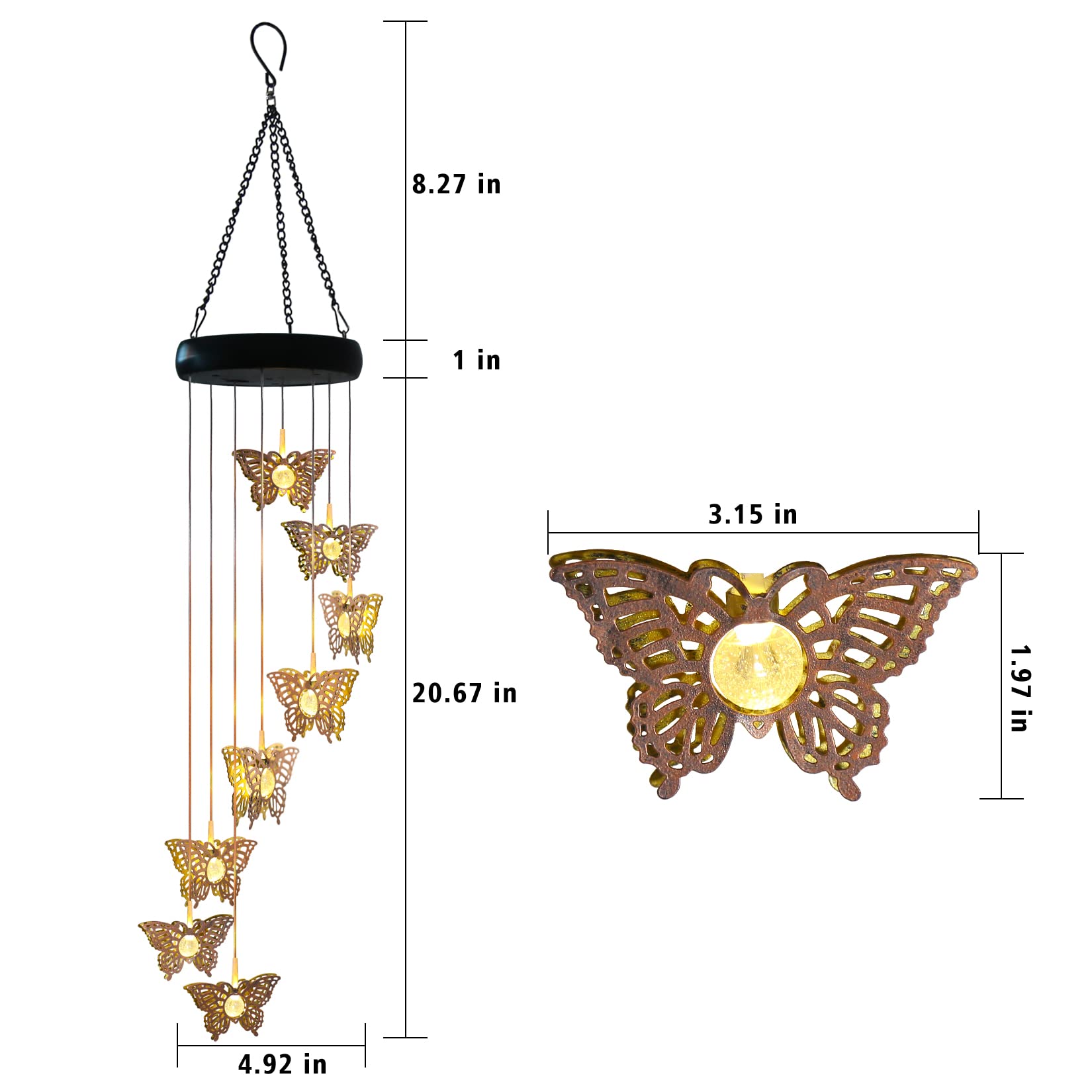 Solar Butterfly Wind Chimes Outdoor Hanging - Solar Butterfly Lights Waterproof Warm LED Garden Patio Yard Butterfly Decor Gifts for Woman Wife Mother