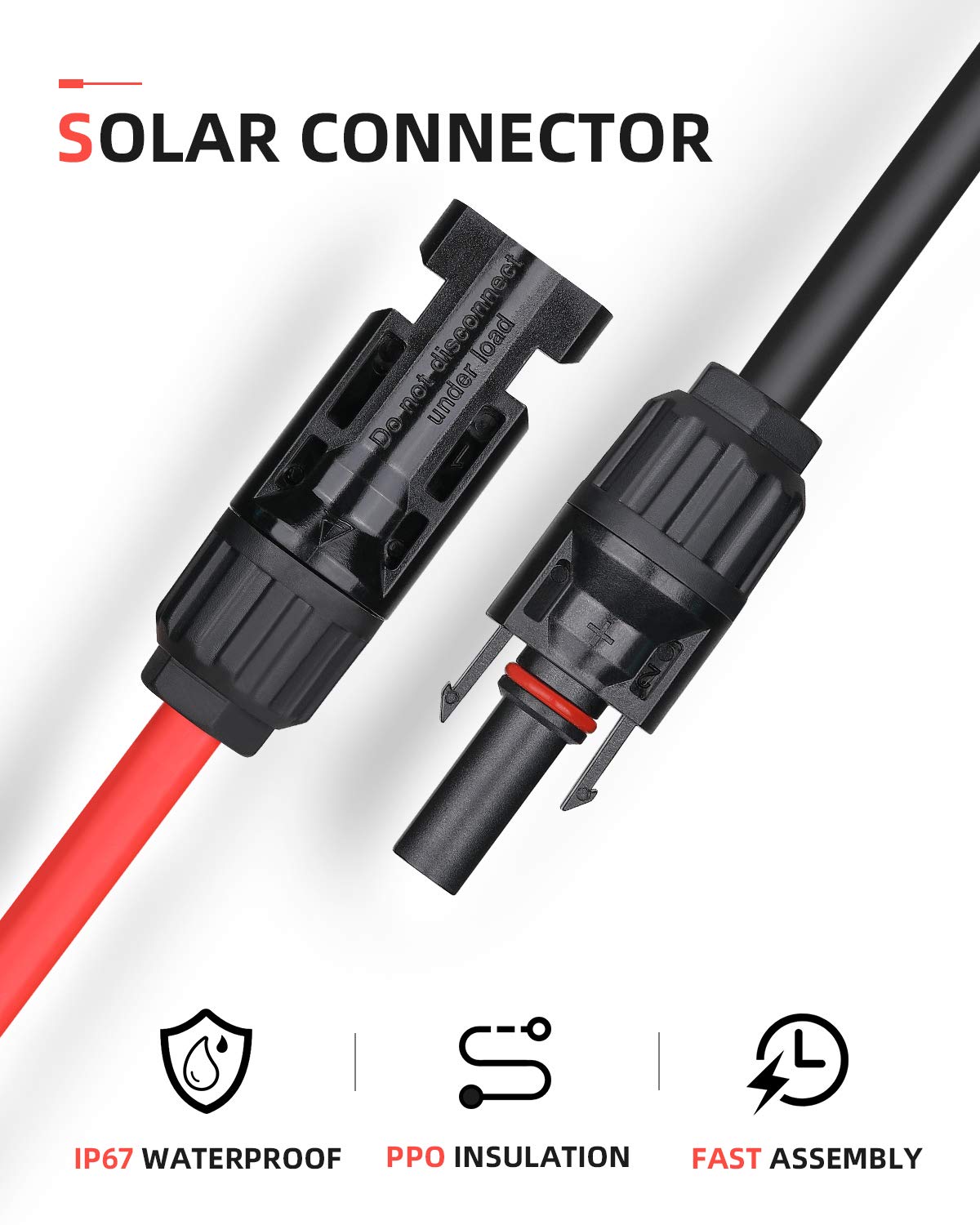 BougeRV 10Ft 10AWG Solar Extension Cable and 1 Pair of Solar Y Branch Parallel Connectors, Included Extra Free Pair of Connectors, 10Ft Solar Extension Cable Connector Kit Made of Pure Copper