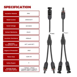 BougeRV 10Ft 10AWG Solar Extension Cable and 1 Pair of Solar Y Branch Parallel Connectors, Included Extra Free Pair of Connectors, 10Ft Solar Extension Cable Connector Kit Made of Pure Copper