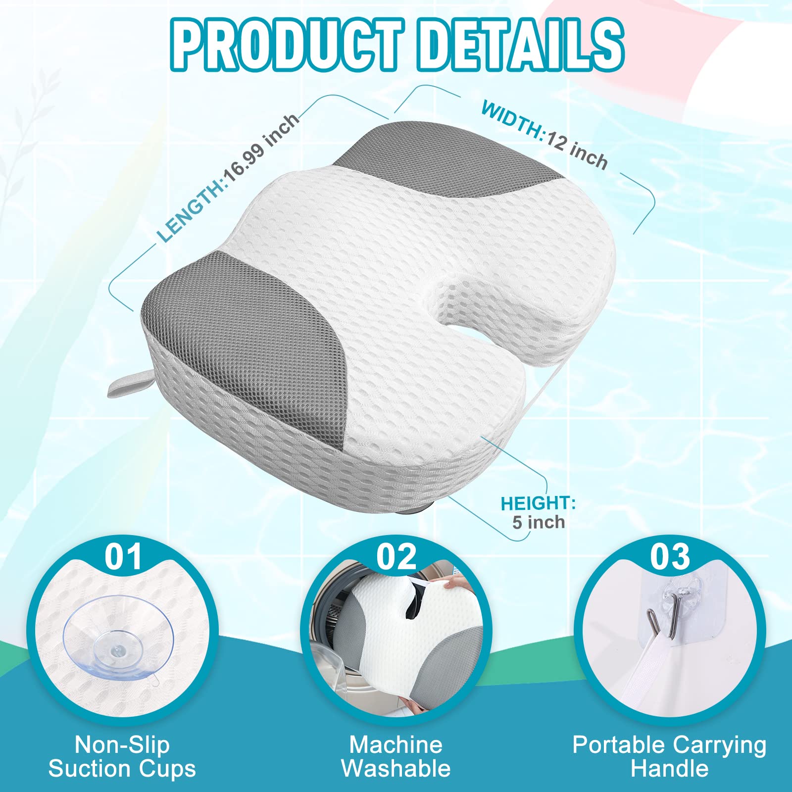 Idle Hippo Hot Tub Booster Seat, 4D Air Mesh Weighted Hot Tub Pillow with Powerful Non-Slip Suction Cups, Ergonomic Booster Cushion, Quick Dry Spa Pillow Hot Tub Accessories for Adults Indoor Outdoor