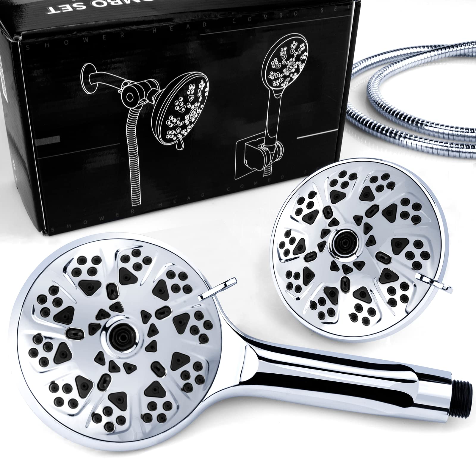 Briout Dual Shower Head 10 Settings - High Pressure Shower Head with Handheld Combo Set - Enjoy Powerful Double Showerhead Spray Separately or Together, Chrome