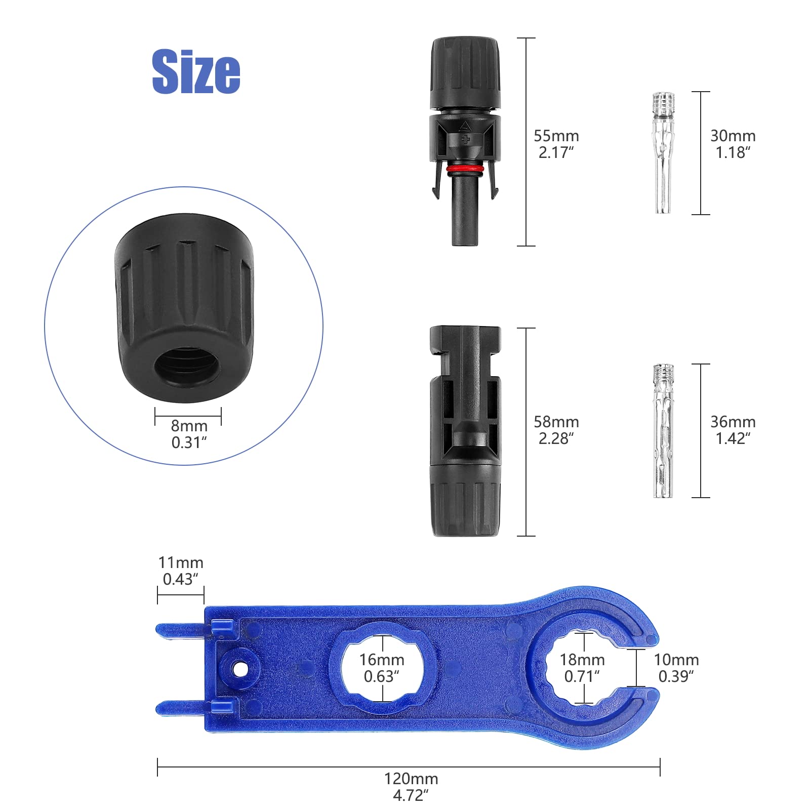 PRECIHW 50PCS Solar Connector, 25 Pairs Solar Panel Connectors, Multi-Contact 4 Connectors, IP67 1000V 30A Waterproof Male/Female Solar Panel Cable Connectors for 2.5/4/6mm² with 2 Pack Wrenches