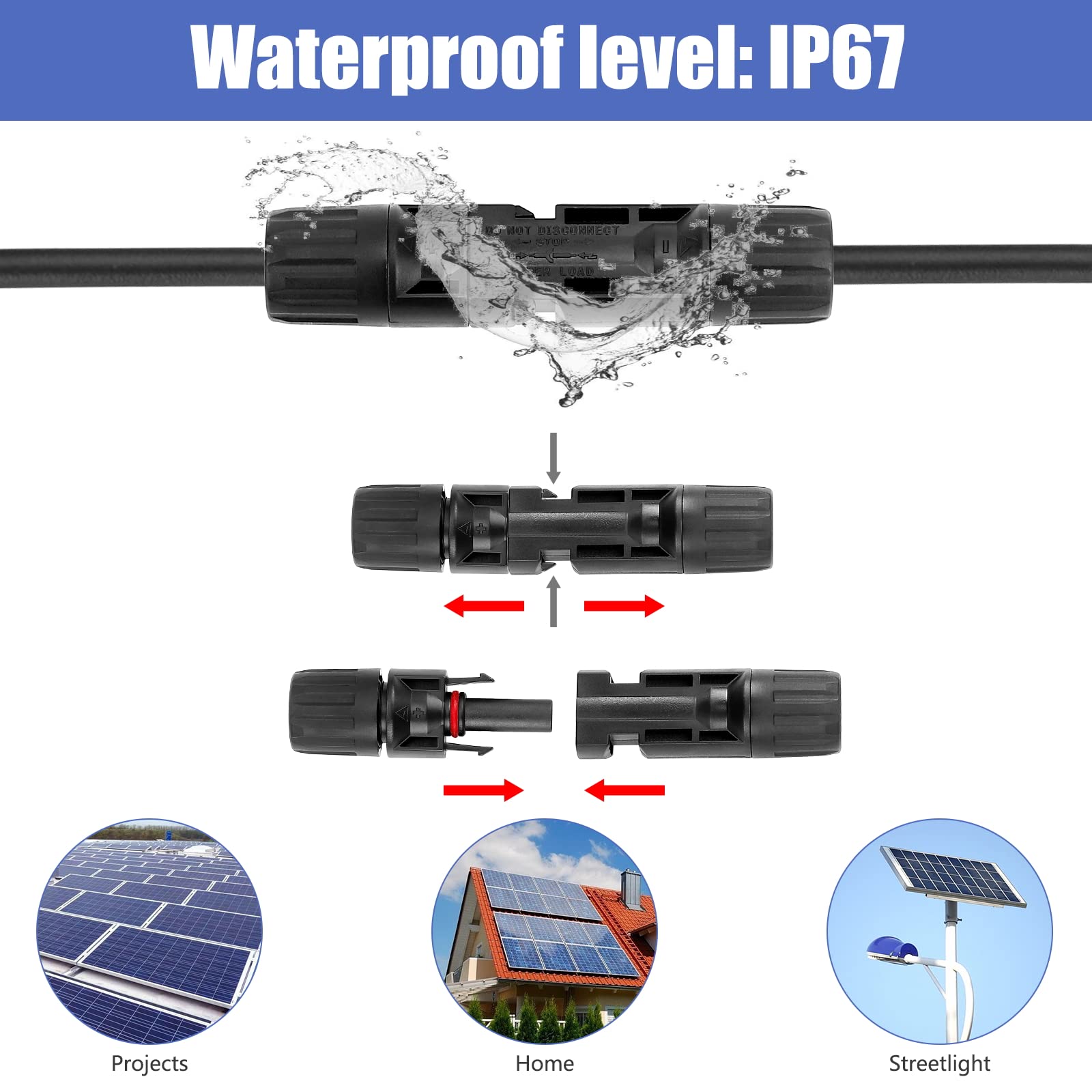 PRECIHW 50PCS Solar Connector, 25 Pairs Solar Panel Connectors, Multi-Contact 4 Connectors, IP67 1000V 30A Waterproof Male/Female Solar Panel Cable Connectors for 2.5/4/6mm² with 2 Pack Wrenches