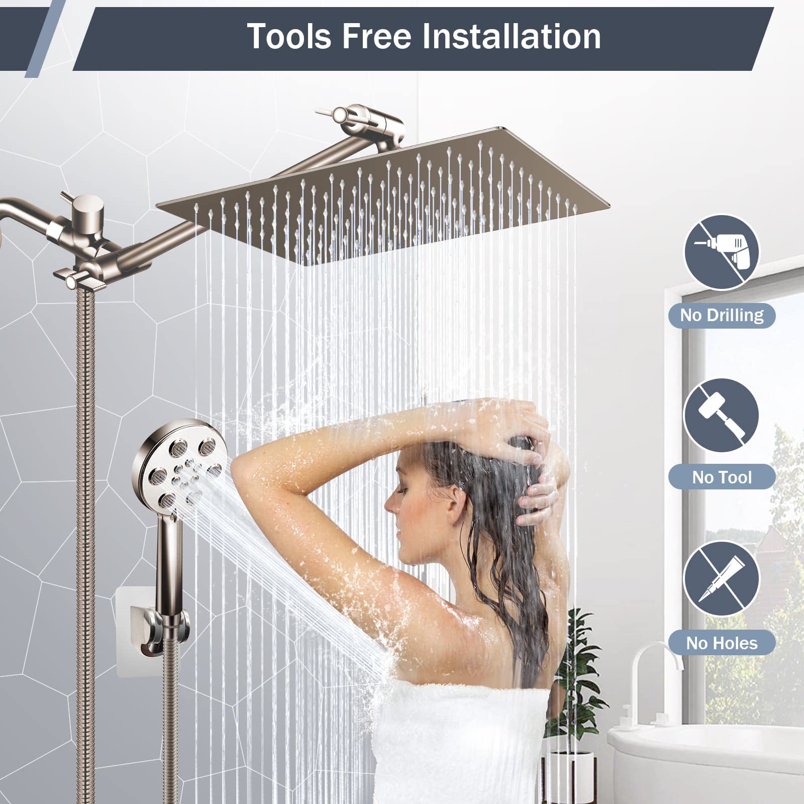 Shower Head Brushed Nickel, 10" High Pressure Rain Shower Head and 6 Spray Settings Handheld Shower Head Combo, Built-in Power Wash, with 11’’ Extension Arm/60" Hose, Height/Angle Adjustable