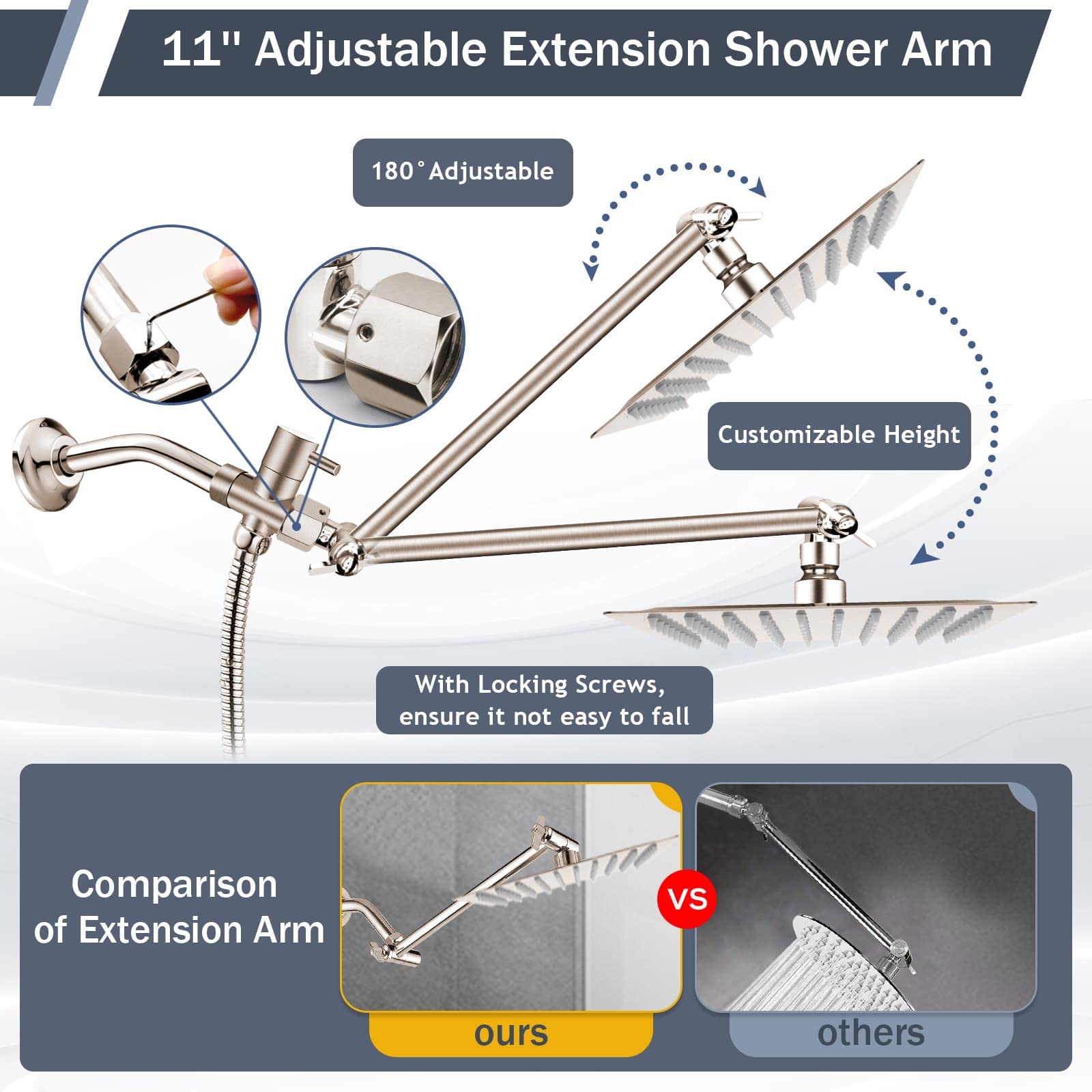 Shower Head Brushed Nickel, 10" High Pressure Rain Shower Head and 6 Spray Settings Handheld Shower Head Combo, Built-in Power Wash, with 11’’ Extension Arm/60" Hose, Height/Angle Adjustable