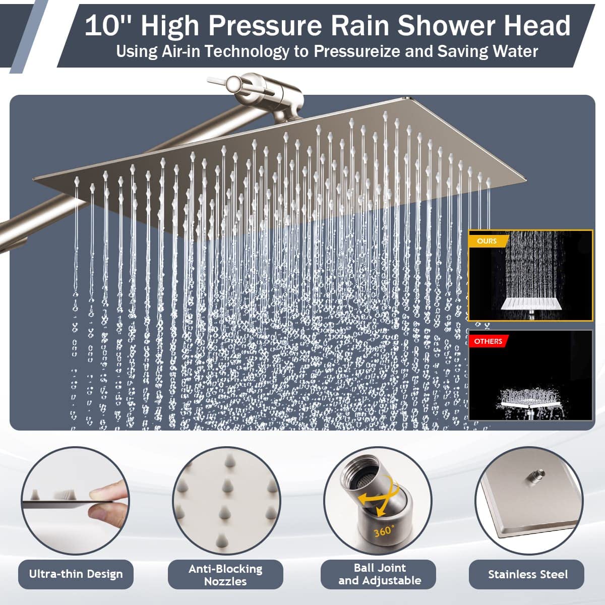 Shower Head Brushed Nickel, 10" High Pressure Rain Shower Head and 6 Spray Settings Handheld Shower Head Combo, Built-in Power Wash, with 11’’ Extension Arm/60" Hose, Height/Angle Adjustable