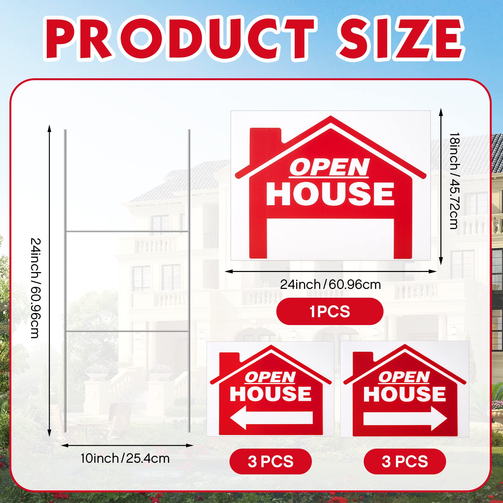 Juexica 7 Pack Open House Sign Directional with Tall Stands 24 x 18 Inch Real Estate Agent Yard for Garden Arrows and Heavy Duty H Wire Stakes(Red)