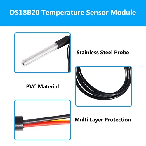 Coliao 6pcs DS18B20 Temperature Sensor Module Kit with 1 m/ 3.2 Ft Waterproof Digital Stainless Steel Probe -55℃ to +125℃ for Raspberry Pi