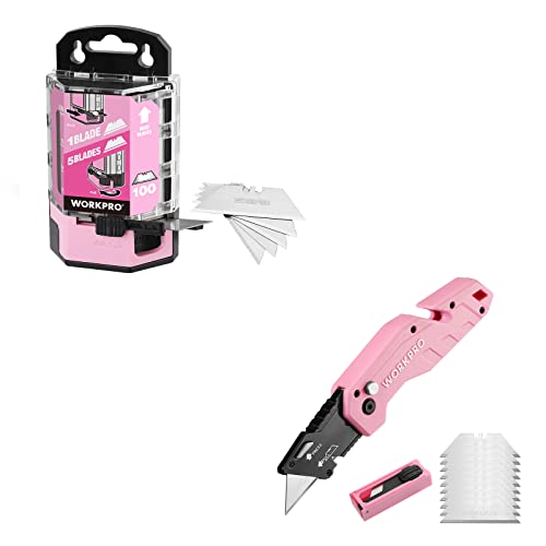 WORKPRO 100-Pack Utility Blades Replacement with Dispenser and Pink Folding Utility Knife with 10 Extra Blades