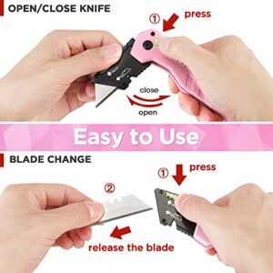 WORKPRO 100-Pack Utility Blades Replacement with Dispenser and Pink Folding Utility Knife with 10 Extra Blades