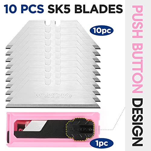 WORKPRO 100-Pack Utility Blades Replacement with Dispenser and Pink Folding Utility Knife with 10 Extra Blades