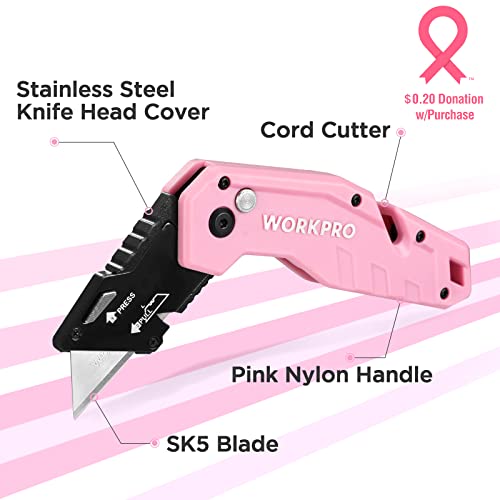 WORKPRO 100-Pack Utility Blades Replacement with Dispenser and Pink Folding Utility Knife with 10 Extra Blades