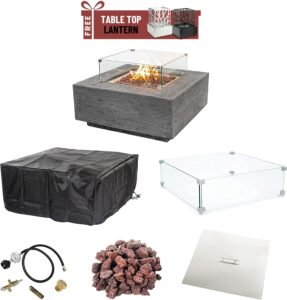 ams creations | albany square natural gas outdoor fire pit table | concrete gfrc fire pit table | with ss burner, canvas cover, ss lid, lava rock, and wind guard included (fuel type: natural gas)