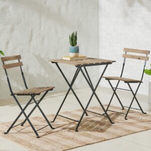 Lavish Home (Brown Folding Patio Bistro Set – 3-Piece Acacia Wood and Steel Café Table and Chairs for Porch, Deck, Garden, or Balcony Furniture