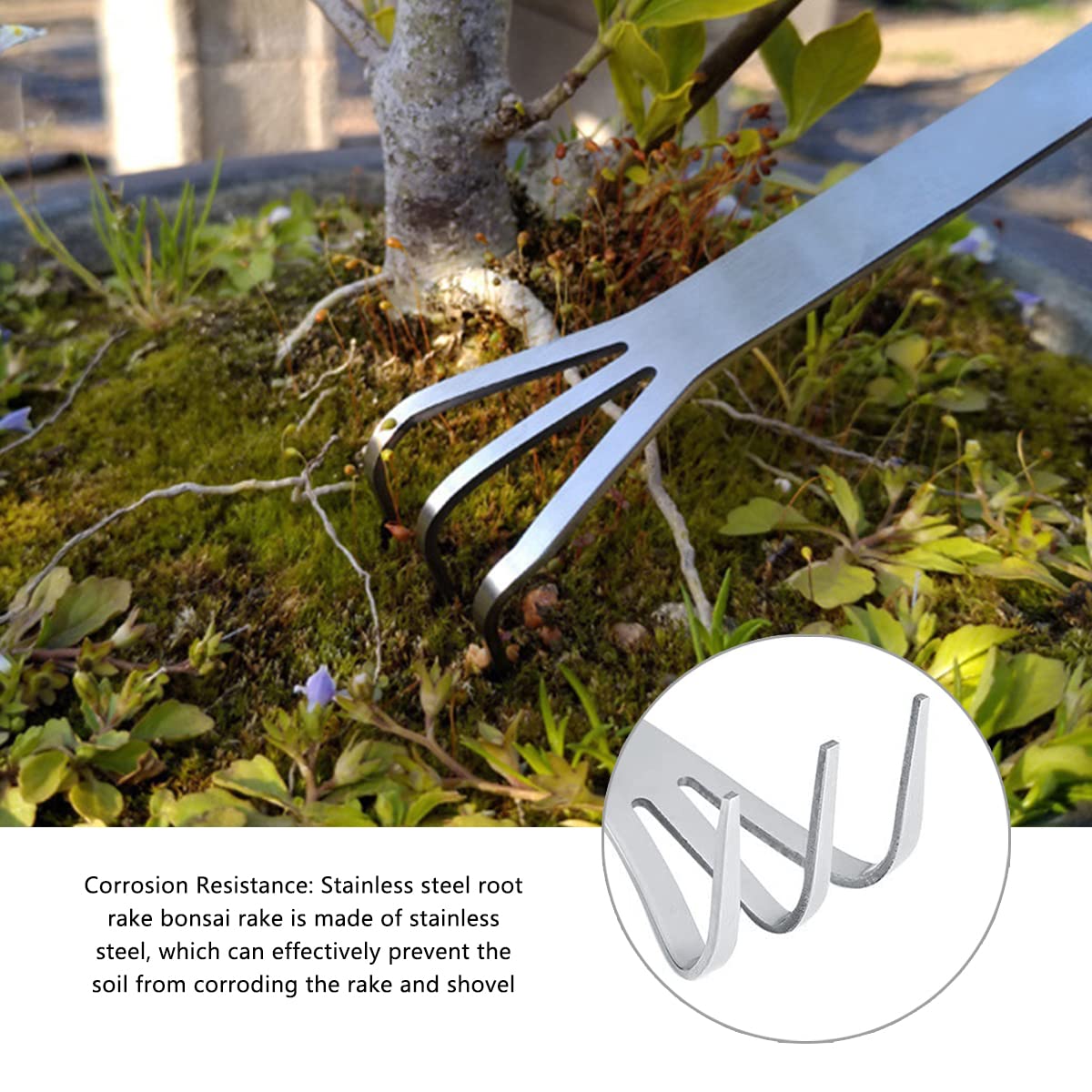 Stainless Steel Root Rake，Stainless Steel 3 Prong Root Rake Pick Loosen Soil Bonsai Tree Tool Set for Gardening Plants