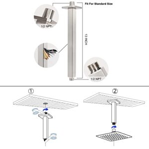 Rain Shower Head With Shower Arm, NearMoon Ceiling Mount Square Shower Head, Stainless Steel Ceiling Rainfall Showerhead- Waterfall Full Body Coverage (12 Inch Shower Head with Arm, Brushed Nickel)