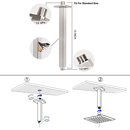 Rain Shower Head With Shower Arm, NearMoon Ceiling Mount Square Shower Head, Stainless Steel Ceiling Rainfall Showerhead- Waterfall Full Body Coverage (12 Inch Shower Head with Arm, Brushed Nickel)