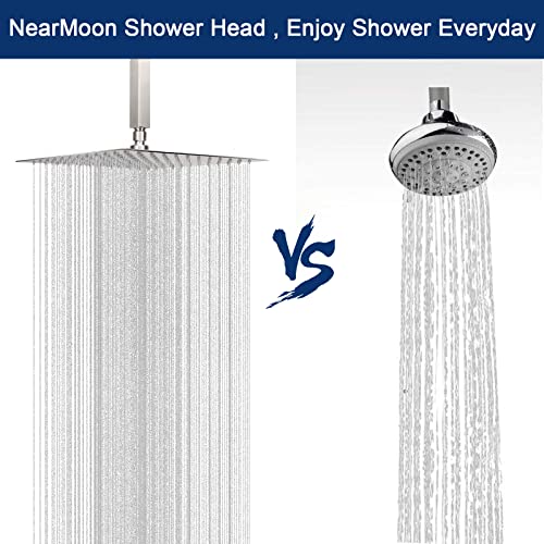 Rain Shower Head With Shower Arm, NearMoon Ceiling Mount Square Shower Head, Stainless Steel Ceiling Rainfall Showerhead- Waterfall Full Body Coverage (12 Inch Shower Head with Arm, Brushed Nickel)