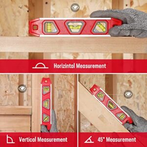 WORKPRO 9-Inch Torpedo Level Magnetic, Small Leveler Tool with 3 Different Bubbles 45°/90°/180° and Overhead Viewing Window, Shock Resistant Bubble Level V-Groove for Measuring plumbing, wood, etc.