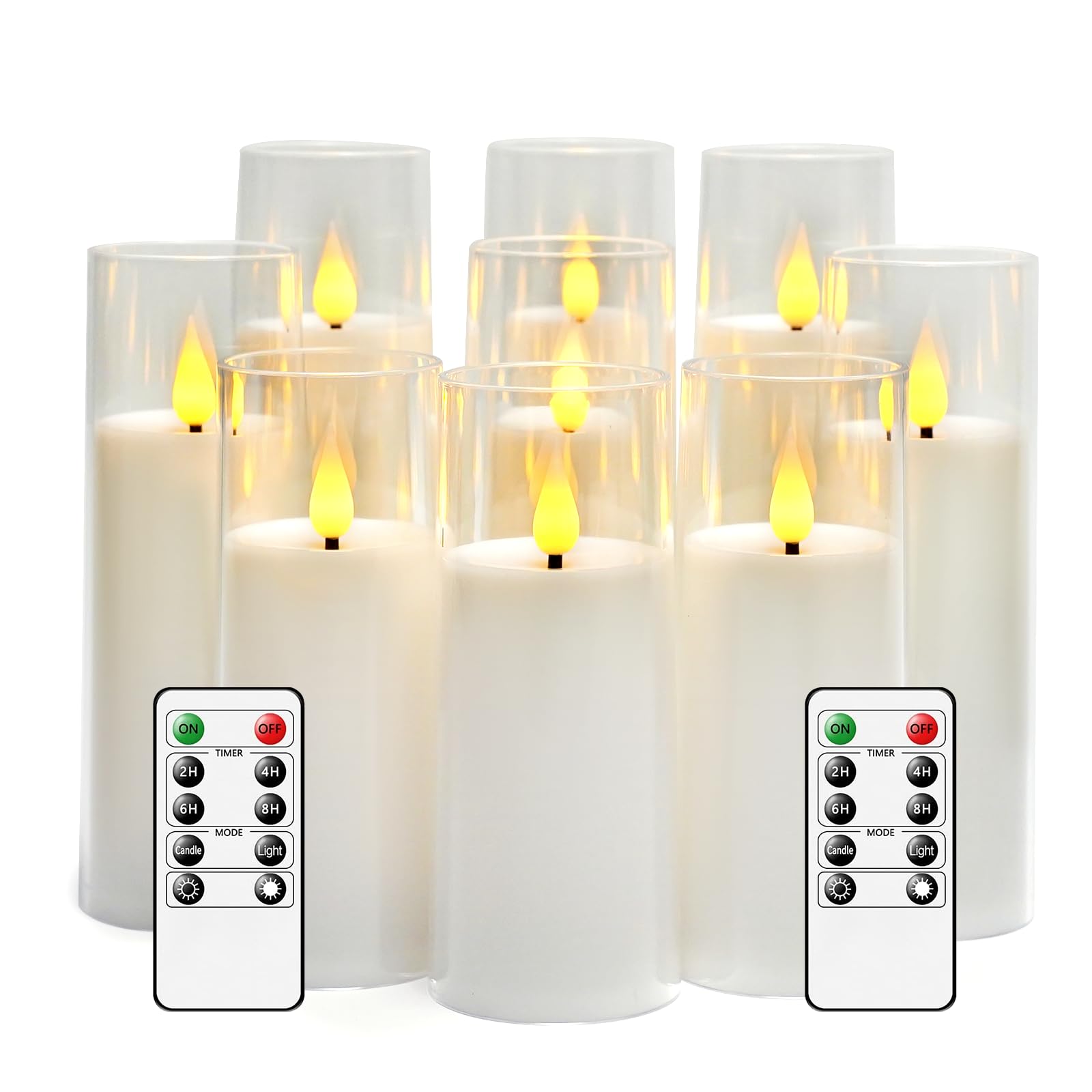 Obrldpao White Flameless Candles with Remote,Led Candles 9 Pc (D2.3 xH 5" 6" 7") Flameless Pillar Candles,Battery Operated Candles，Table Decoration Plexiglass Flickering Flameless Candles(White)