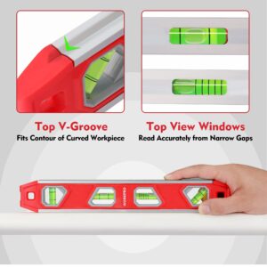 WORKPRO 12 Inch Torpedo Level, Magnetic Small Leveler Tool, Plumbing Level with Pitch Vial, Aluminum Reinforced, 4 Bubbles, V-Groove for Conduit Bending