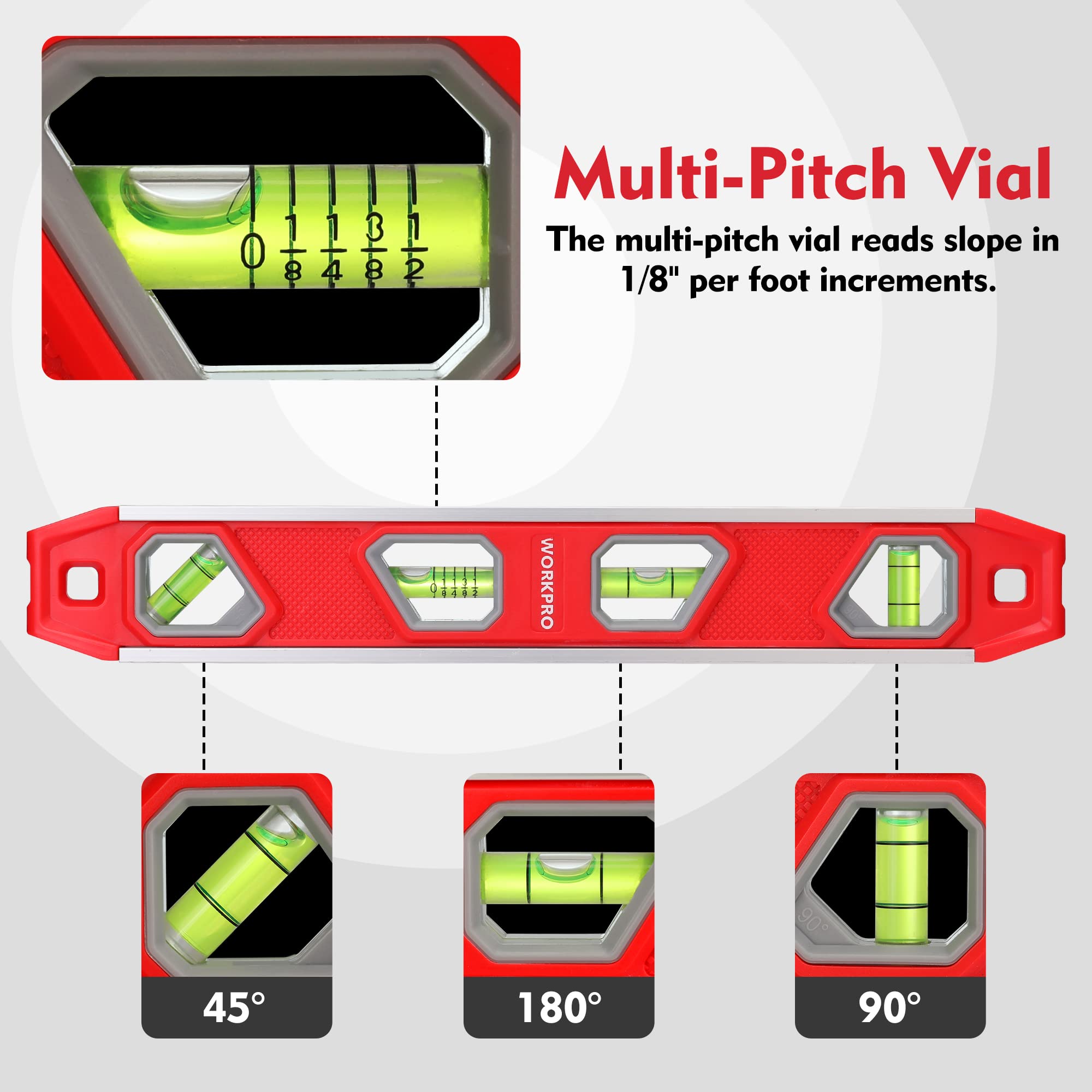 WORKPRO 12 Inch Torpedo Level, Magnetic Small Leveler Tool, Plumbing Level with Pitch Vial, Aluminum Reinforced, 4 Bubbles, V-Groove for Conduit Bending