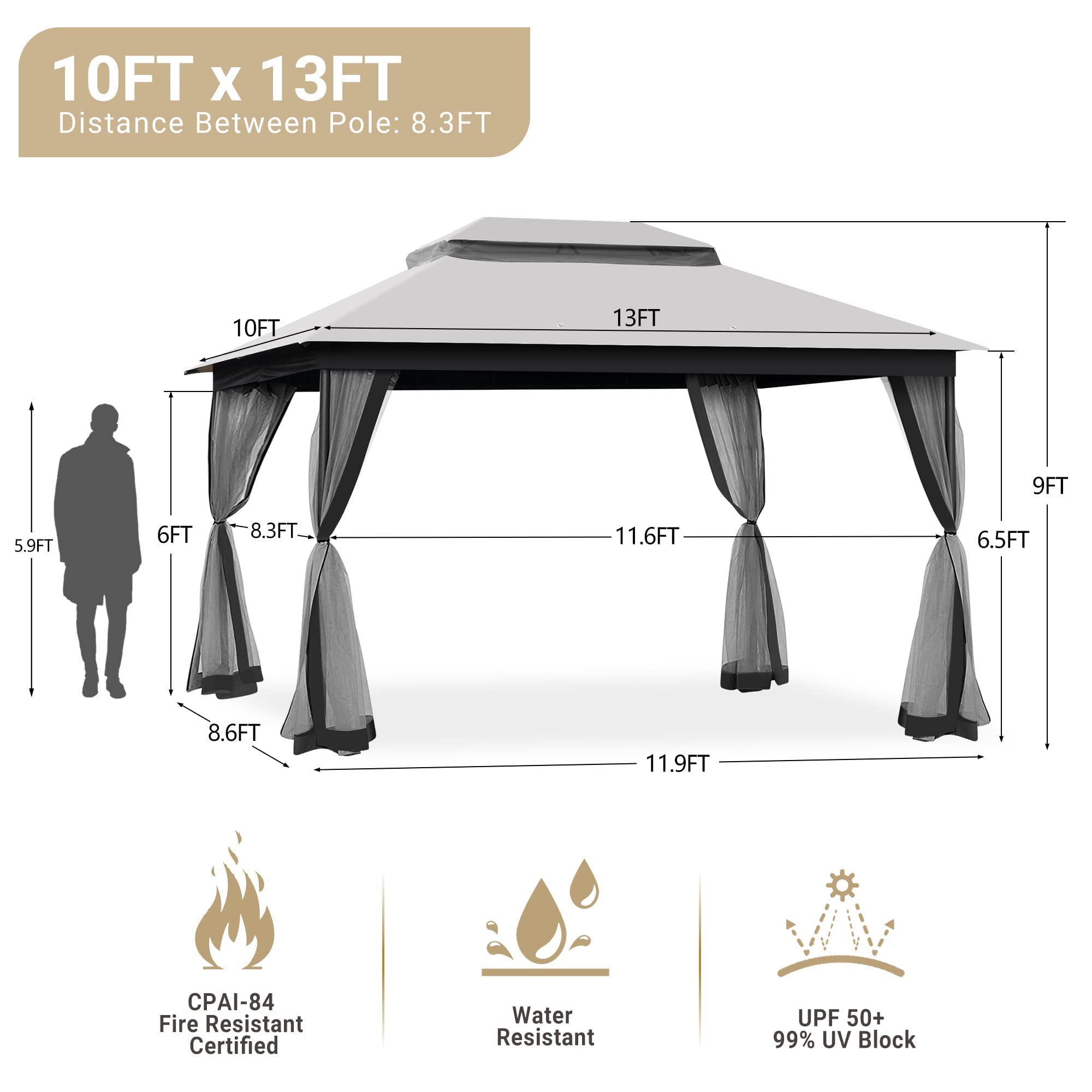 CHARMELEON 10x13 Gazebos for Patios with 4 Sandbags, Waterproof Gazebo Canopy with Netting Screen Walls, Outdoor Gazebo for Garden, Backyard, Deck, and Lawns (Gray)