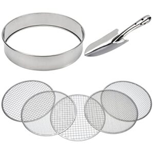 soil sieve stainless steel riddle sieve set garden potting sieve, 12" diameter, with 5 interchangeable filter mesh sizes 3,6,9,10,12mm and shovel