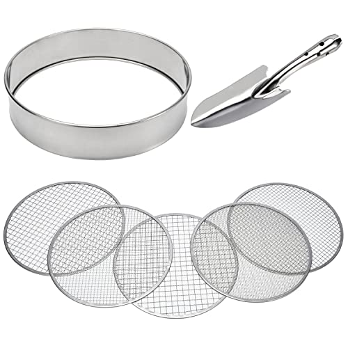 Soil Sieve Stainless Steel Riddle Sieve Set Garden Potting Sieve, 12" Diameter, with 5 Interchangeable Filter Mesh Sizes 3,6,9,10,12mm and Shovel