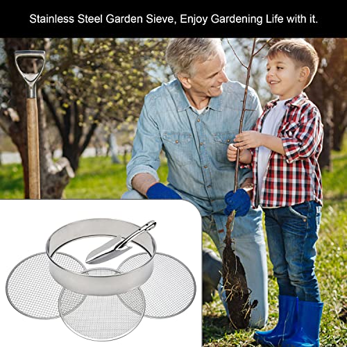 Soil Sieve Stainless Steel Riddle Sieve Set Garden Potting Sieve, 12" Diameter, with 5 Interchangeable Filter Mesh Sizes 3,6,9,10,12mm and Shovel