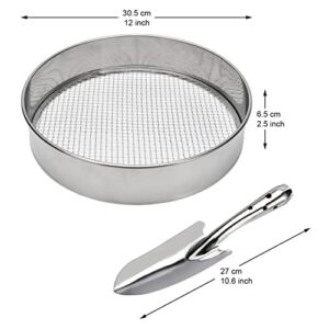 Soil Sieve Stainless Steel Riddle Sieve Set Garden Potting Sieve, 12" Diameter, with 5 Interchangeable Filter Mesh Sizes 3,6,9,10,12mm and Shovel