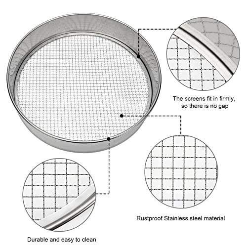 Soil Sieve Stainless Steel Riddle Sieve Set Garden Potting Sieve, 12" Diameter, with 5 Interchangeable Filter Mesh Sizes 3,6,9,10,12mm and Shovel