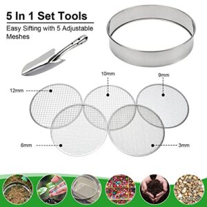 Soil Sieve Stainless Steel Riddle Sieve Set Garden Potting Sieve, 12" Diameter, with 5 Interchangeable Filter Mesh Sizes 3,6,9,10,12mm and Shovel