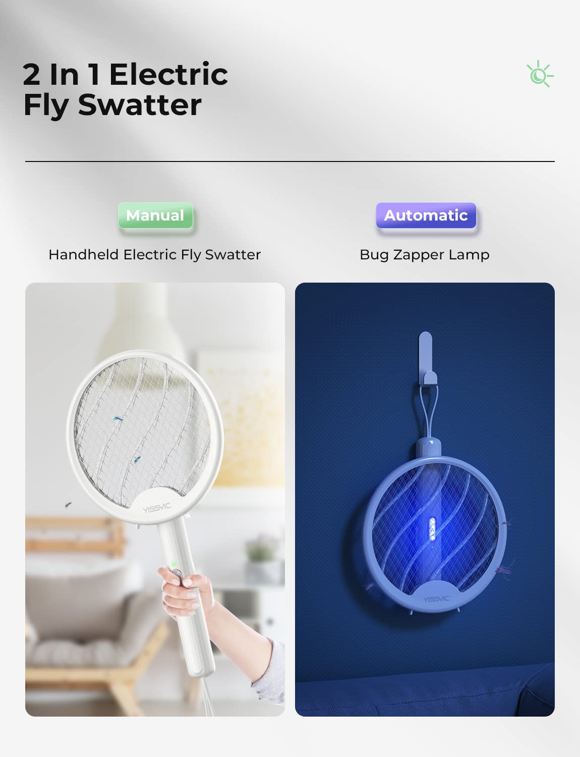 YISSVIC Electric Fly Swatter 4000V Bug Zapper Fly Racket Dual Modes Foldable USB Rechargeable with Bright LED Lights R6 (ABS)