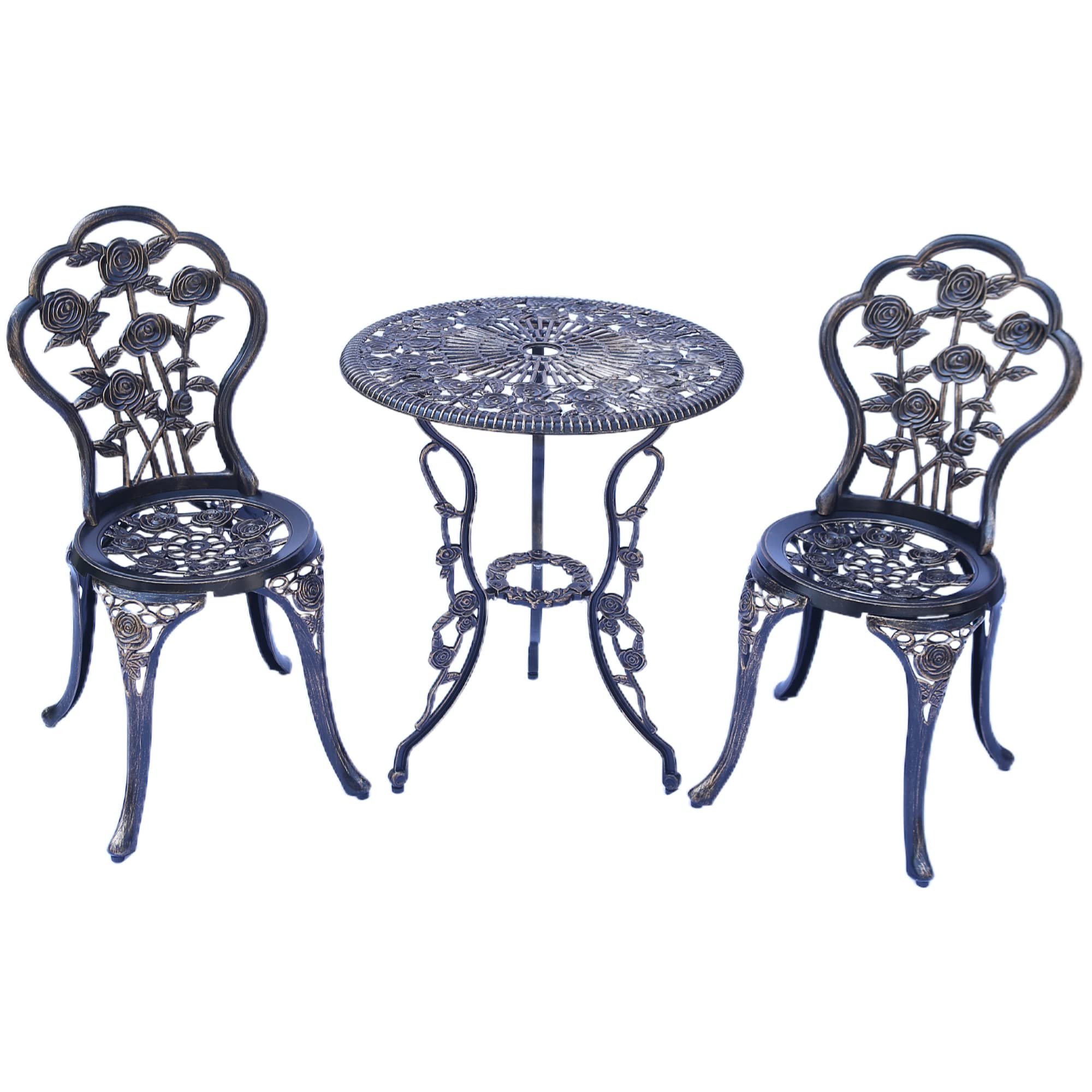 KAI LI Outdoor Furniture Bistro Set with Rose Pattern 1 Table 2 Chairs for Garden Patio Porch (Rose-Bronzed)